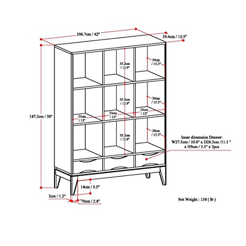 SIMPLIHOME Harper SOLID HARDWOOD 42 Inch Mid Century Modern Cube Storage Bookcase with Drawers in Walnut Brown, For the Living Room, Study Room and Office