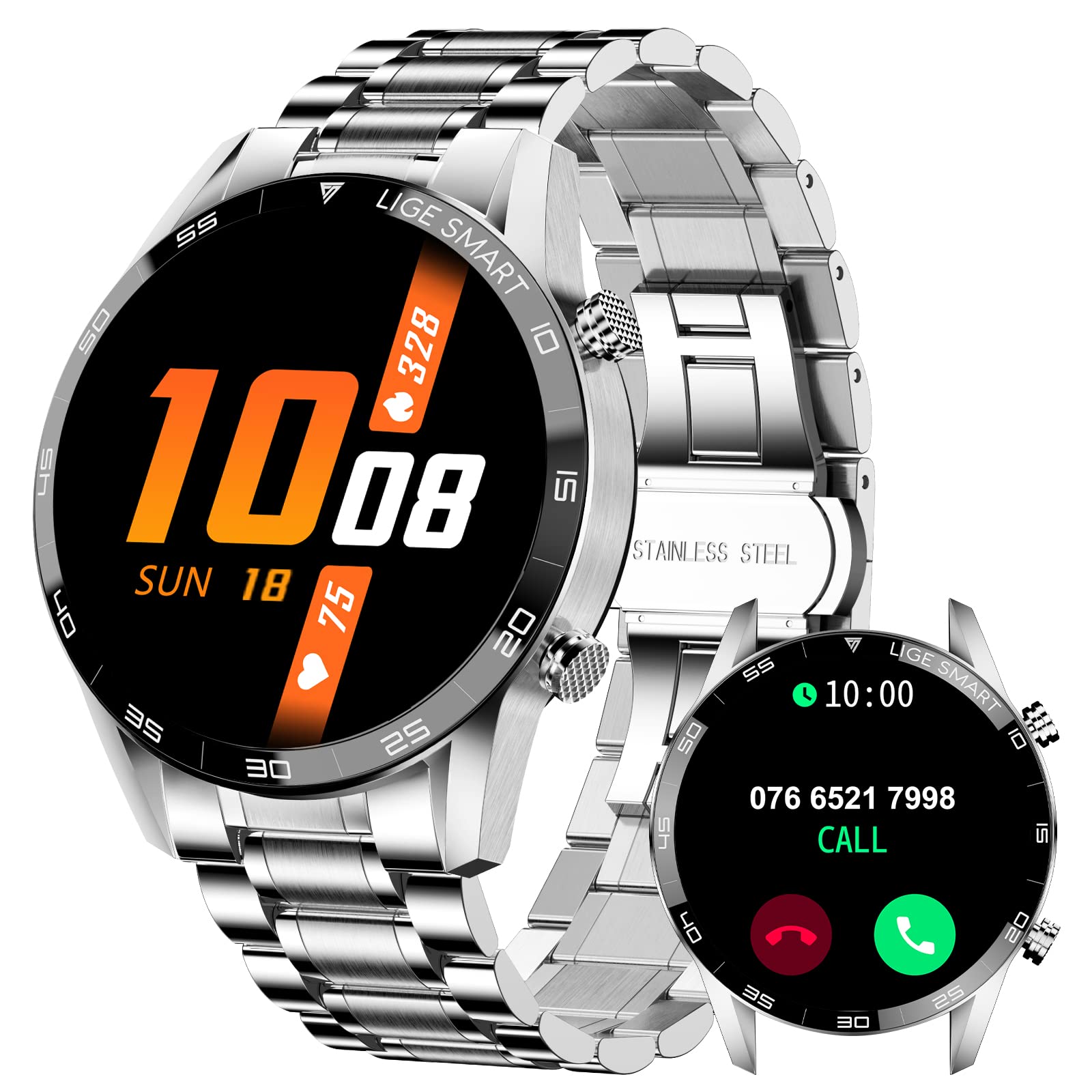 LIGE Smart Watches for Men Stylish with Bluetooth Call Message Notification Heavy Duty Big Screen Compatible with Android iOS iPhone Fitness Activity Tracker with Blood Pressure Men's Smartwatch
