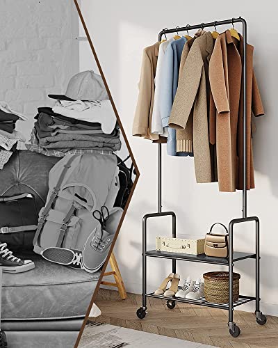 Labonida Rolling Clothing Rack - Space-Saving Clothes Rack on Wheels - Portable Hanging Storage Organizer with 2 Shelves - Sturdy Metal Garment Rack for Home & Business (Black, Industrial Style)