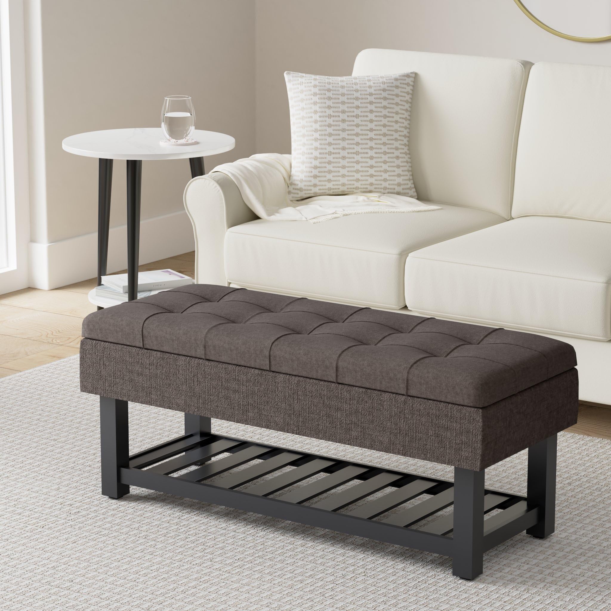SIMPLIHOME Saxon 43 Inch Wide Transitional Rectangle Storage Ottoman Bench in Fawn Brown Linen Look Fabric, For the Living Room and Bedroom