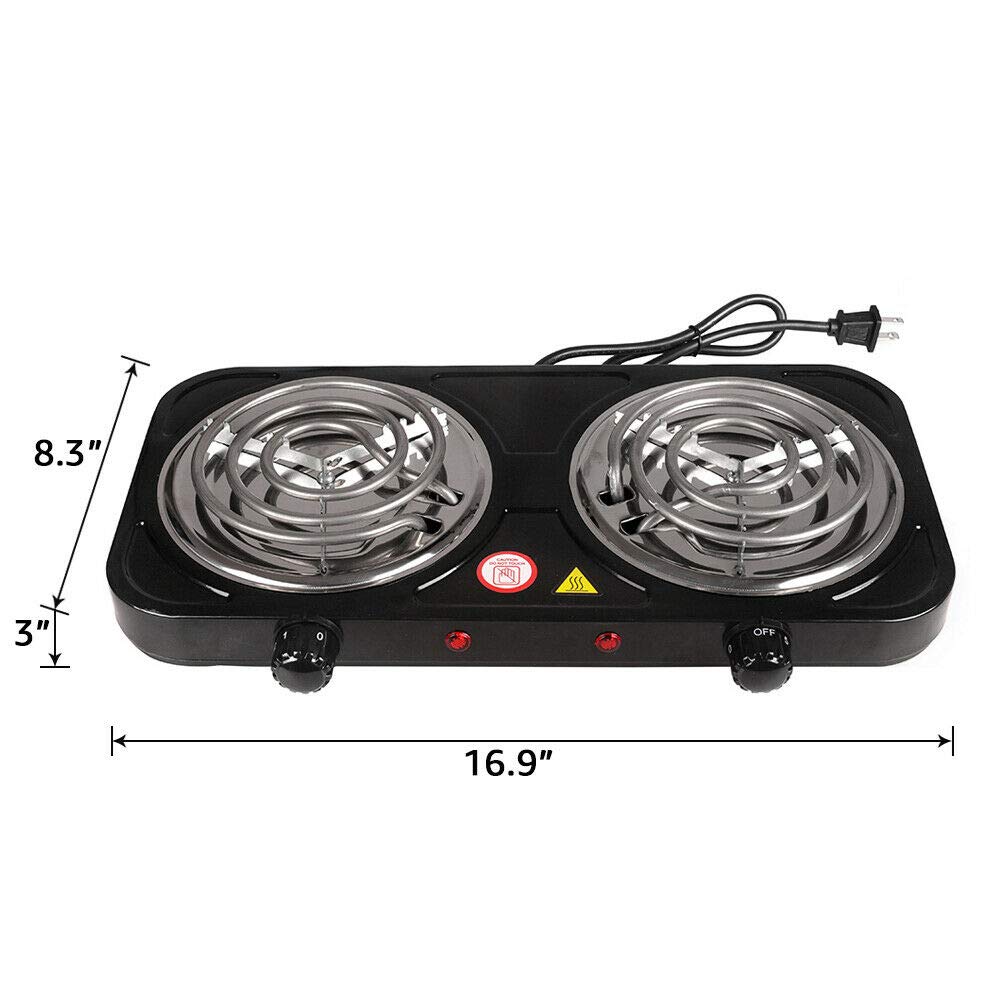 Electric Double Coil Burner, 2000W Electric Hot Burner Portable Stainless Steel Electric Stove with Dual 5 Level Temperature Control, for Home Dorm Office Camping Cooking (Double Coil Burner)