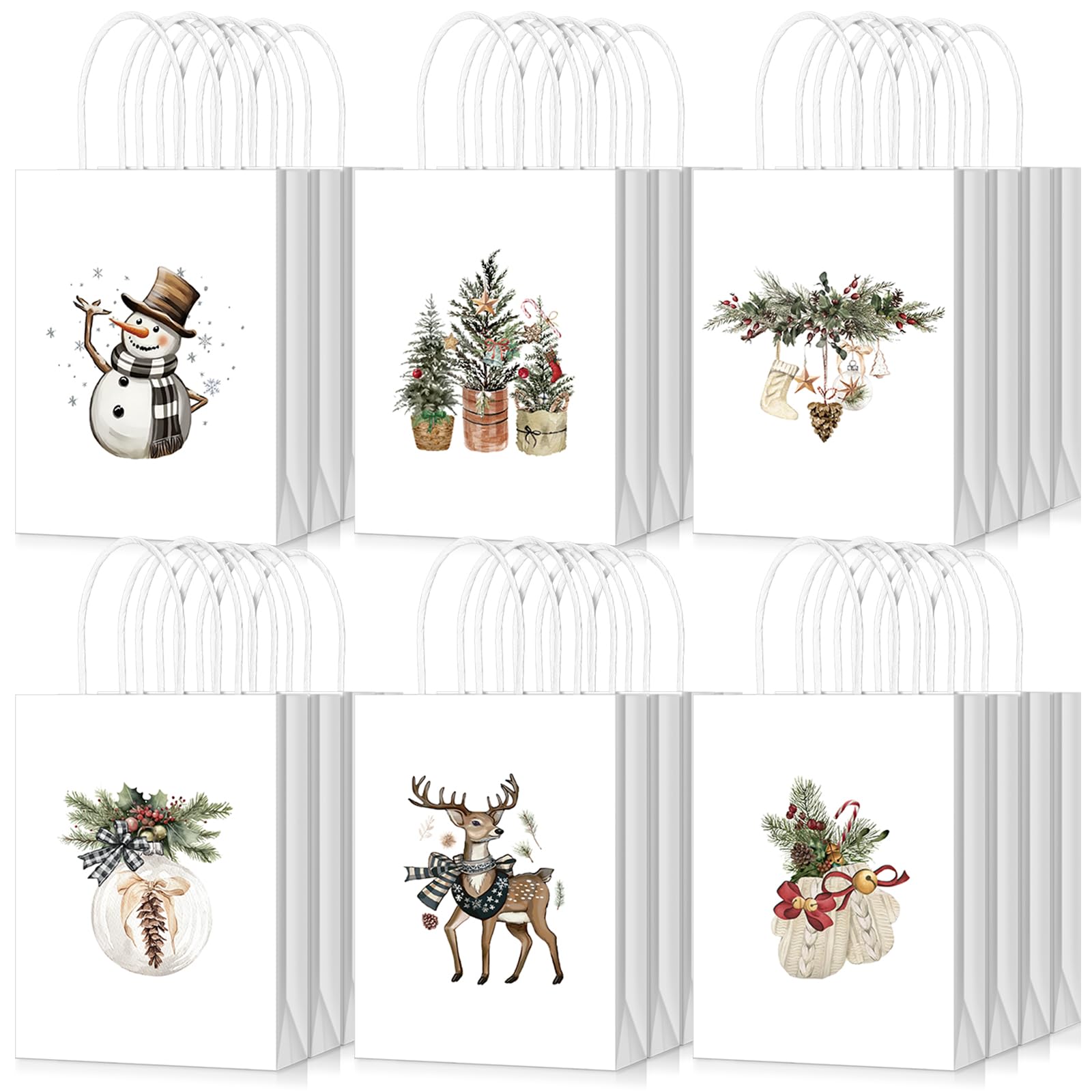 Kolldenn 24 Pack Christmas Gift Bags with Handle Modern Rustic Christmas Paper Bags Small Gift Bags Cozy Boho Watercolor Christmas Holiday Gift Bags for Christmas, Winter Weddings, Birthdays