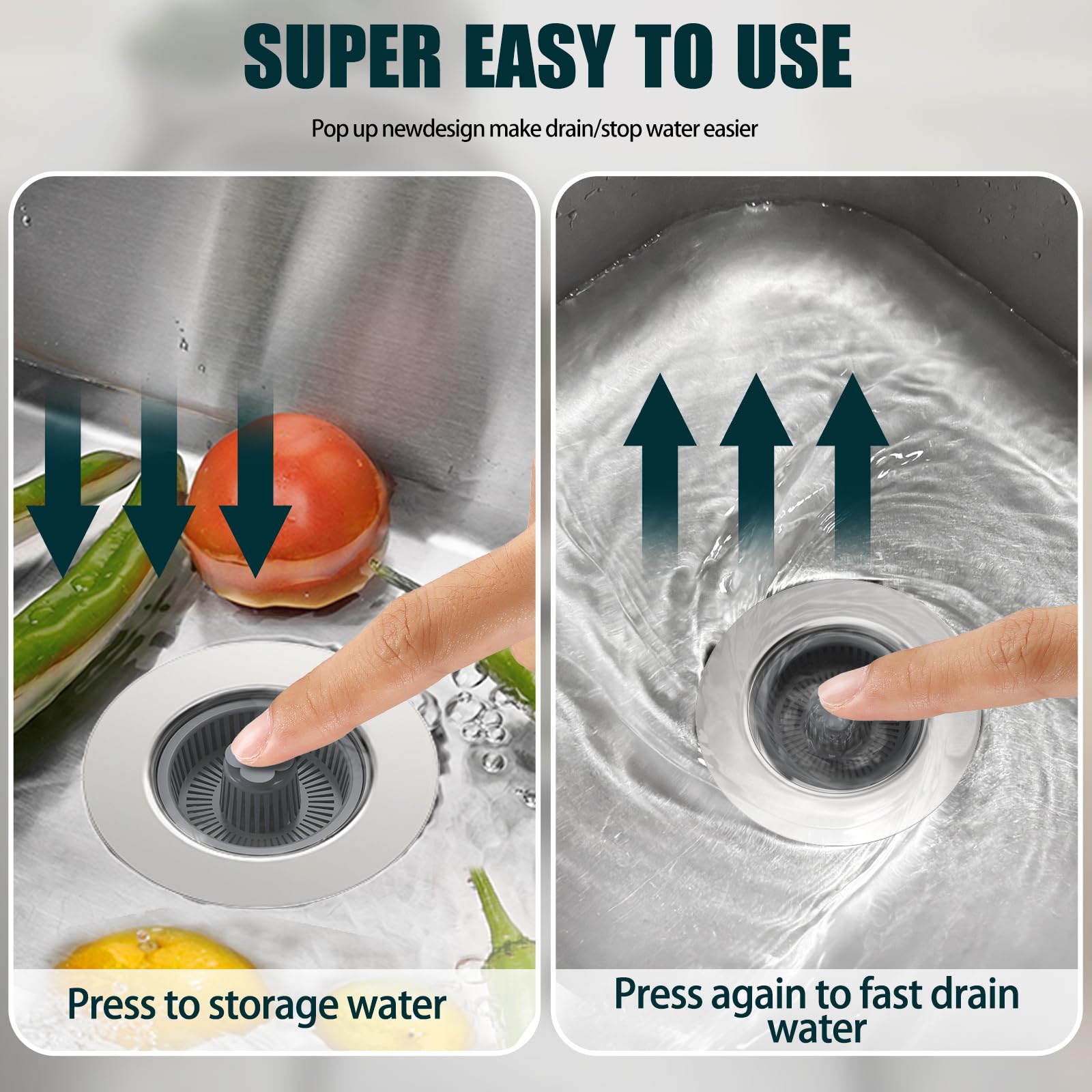 Upgraded 3 in 1 Kitchen Sink Drain Strainer - Stopper Set, Stainless Steel Kitchen Sink Stopper, Pop Up Anti-Clogging Sink Strainer Basket Filter for US Standard 3-1/2 Inch Kitchen Drain(1Pack)
