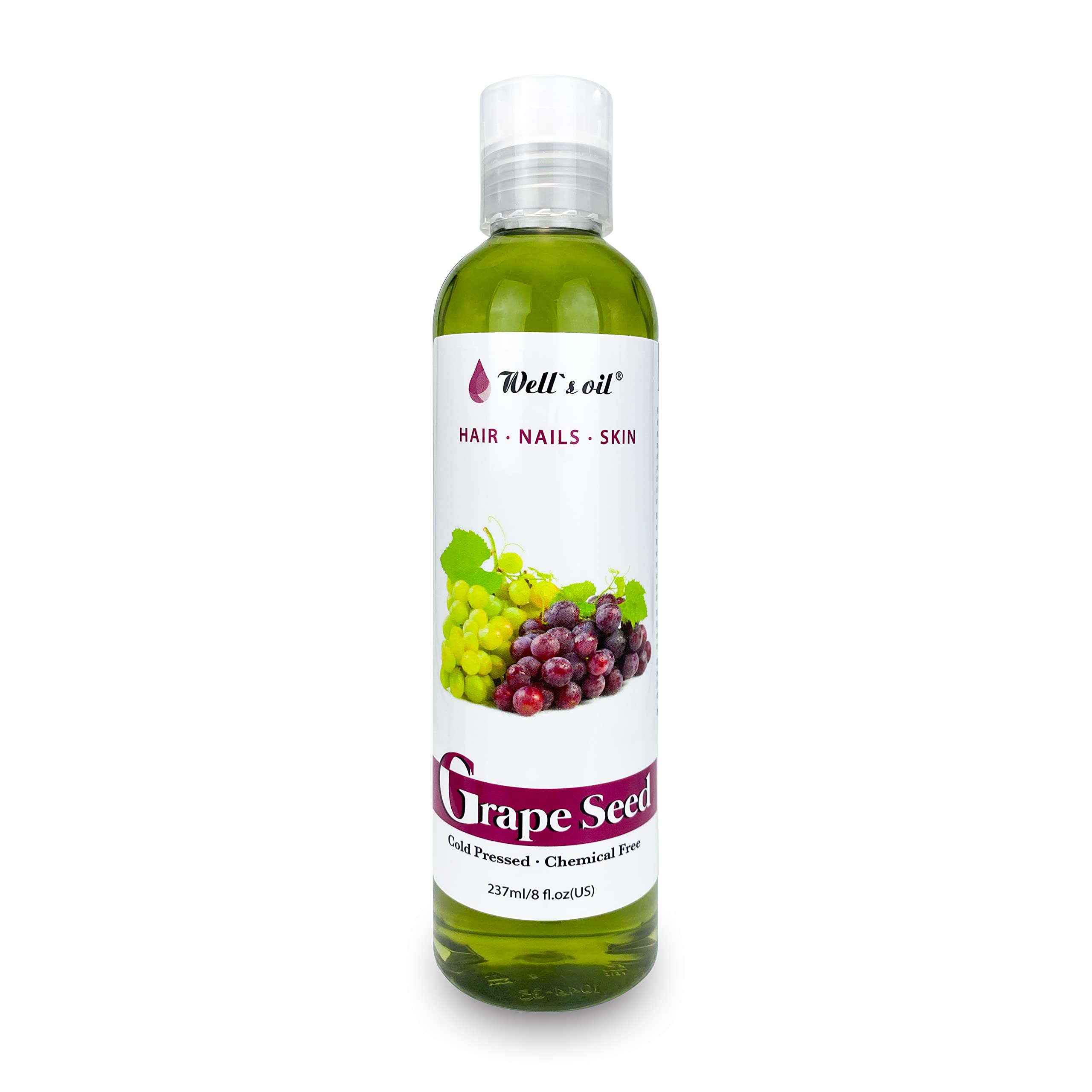 GRAPESEED Oil | 8oz(237ml) | All-Natural | for Hair + Skin + Nails | Moisturizer and Sensitive Skin | Refined, Cold Pressed | All Skin Types | by Well’s Oil