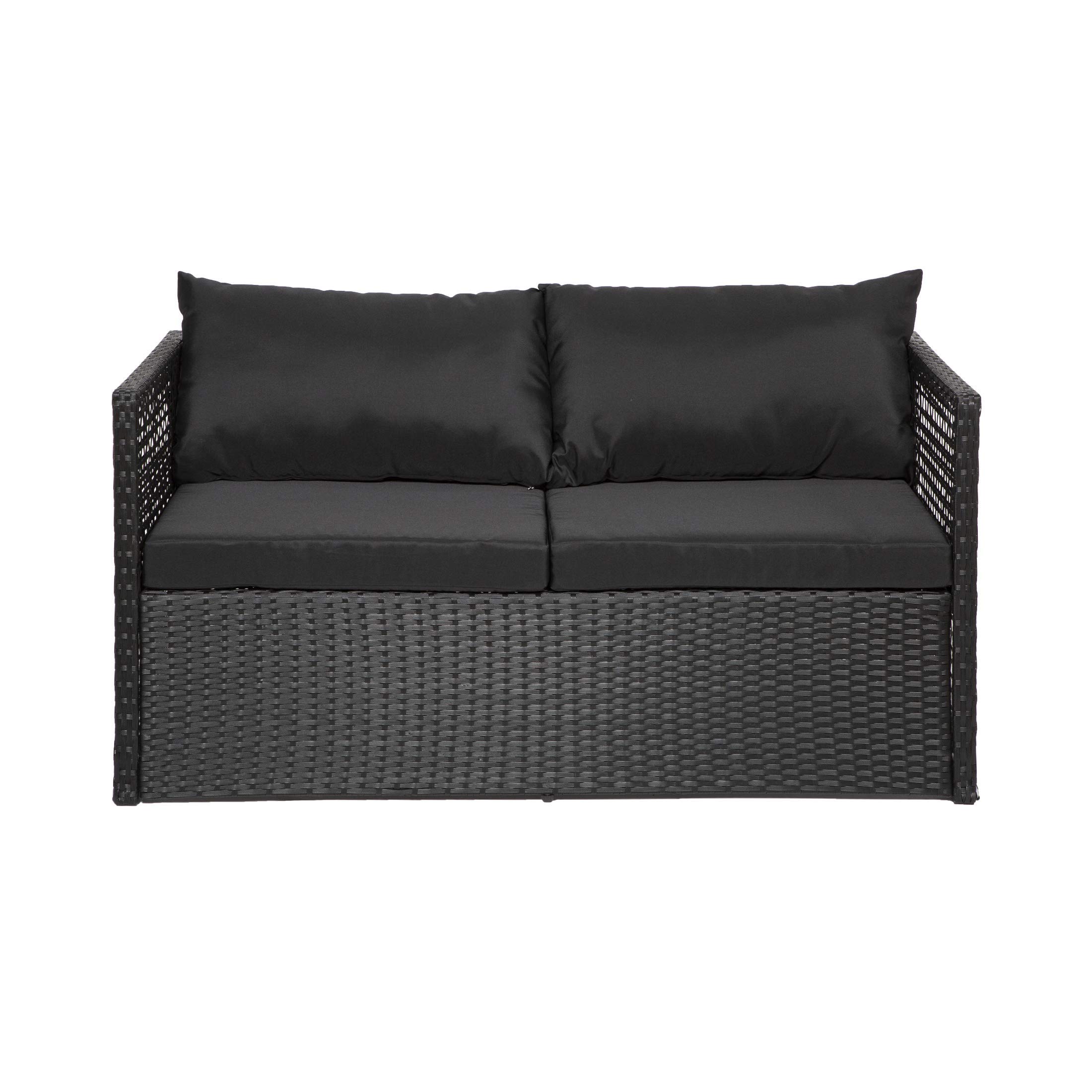 WO Outdoor Wicker Rattan Furniture 4 PCS Set Black Woven Table Chairs Set w Cushions & Back Support Pillows Coffee Table Seats 4 Black