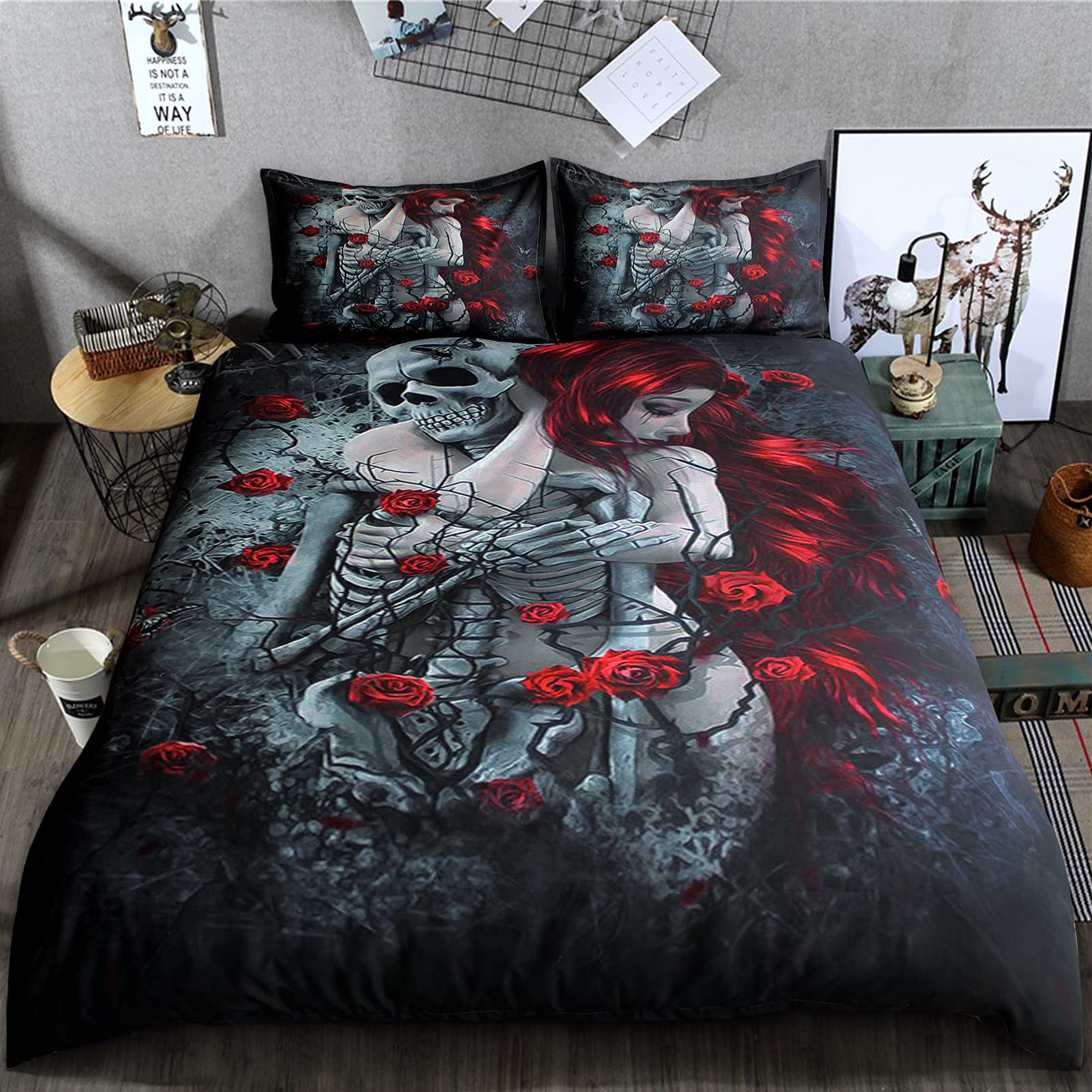 Skull Halloween Duvet Cover King - Love Never Dies Duvet Cover with 2 Pillowcases, Fun Image of Vibrant Colors, Zipper Closure, Super Soft, ZHH