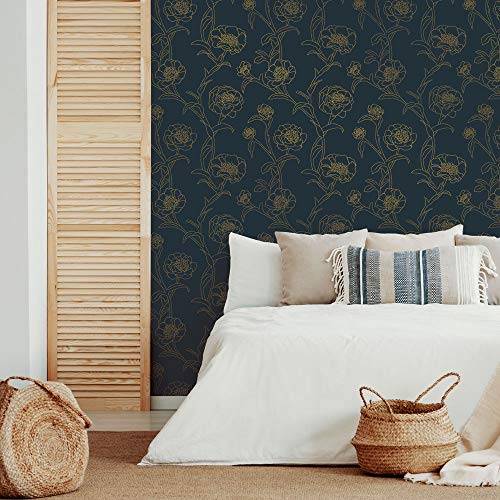 Tempaper Peacock Blue & Metallic Gold Peonies Removable Peel and Stick Floral Wallpaper, 20.5 in X 16.5 ft, Made in the USA