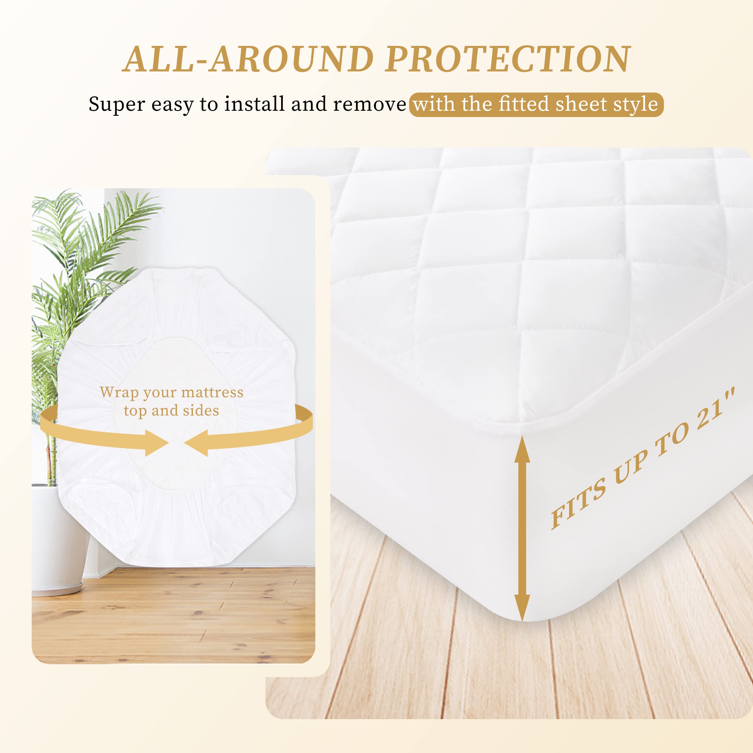 Quilted Fitted Queen Mattress Pad Cover, Waterproof Mattress Protector, Deep Pocket Elastic Fits Up to 21'', Breathable Soft Alternative Filling Mattress Pad