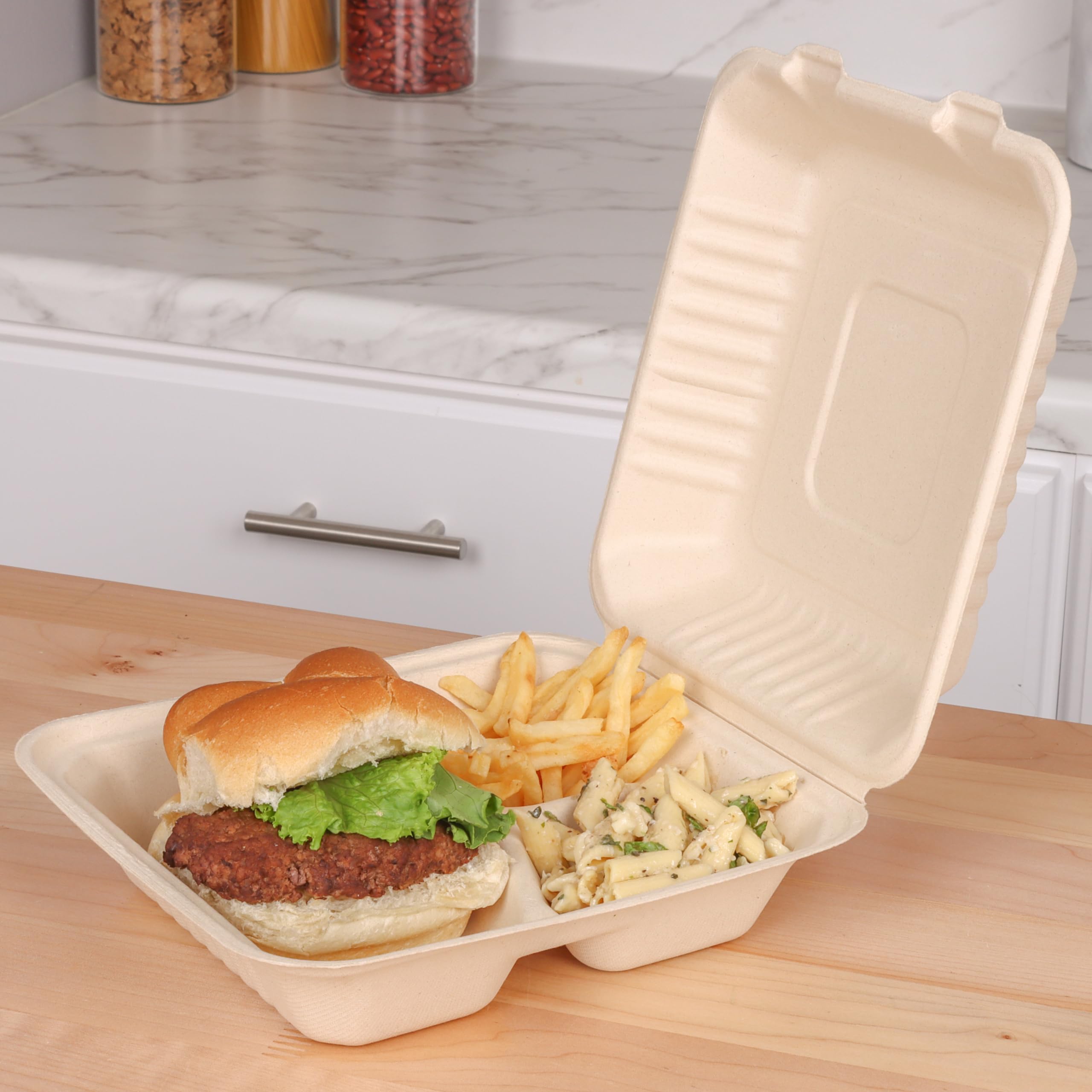 ECORIYO 3 Compartment To Go Containers with Lids β 100-Pack of Take Out Boxes, Disposable Food Containers, Sugarcanes Biodegradable Togo Plates - Paper Clamshell Box for Lunch, Cake, Dessert