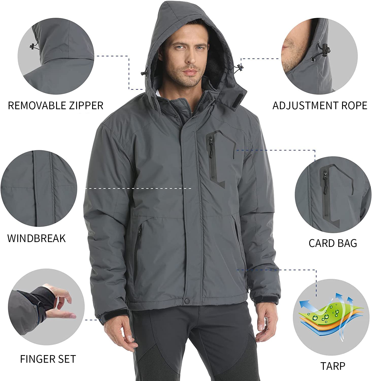 Dr.Cyril Men's Ski Jacket Waterproof Warm Winter Coat Detachable Hood Mountain Windproof Rain Jacket (2XL,Dark Grey)