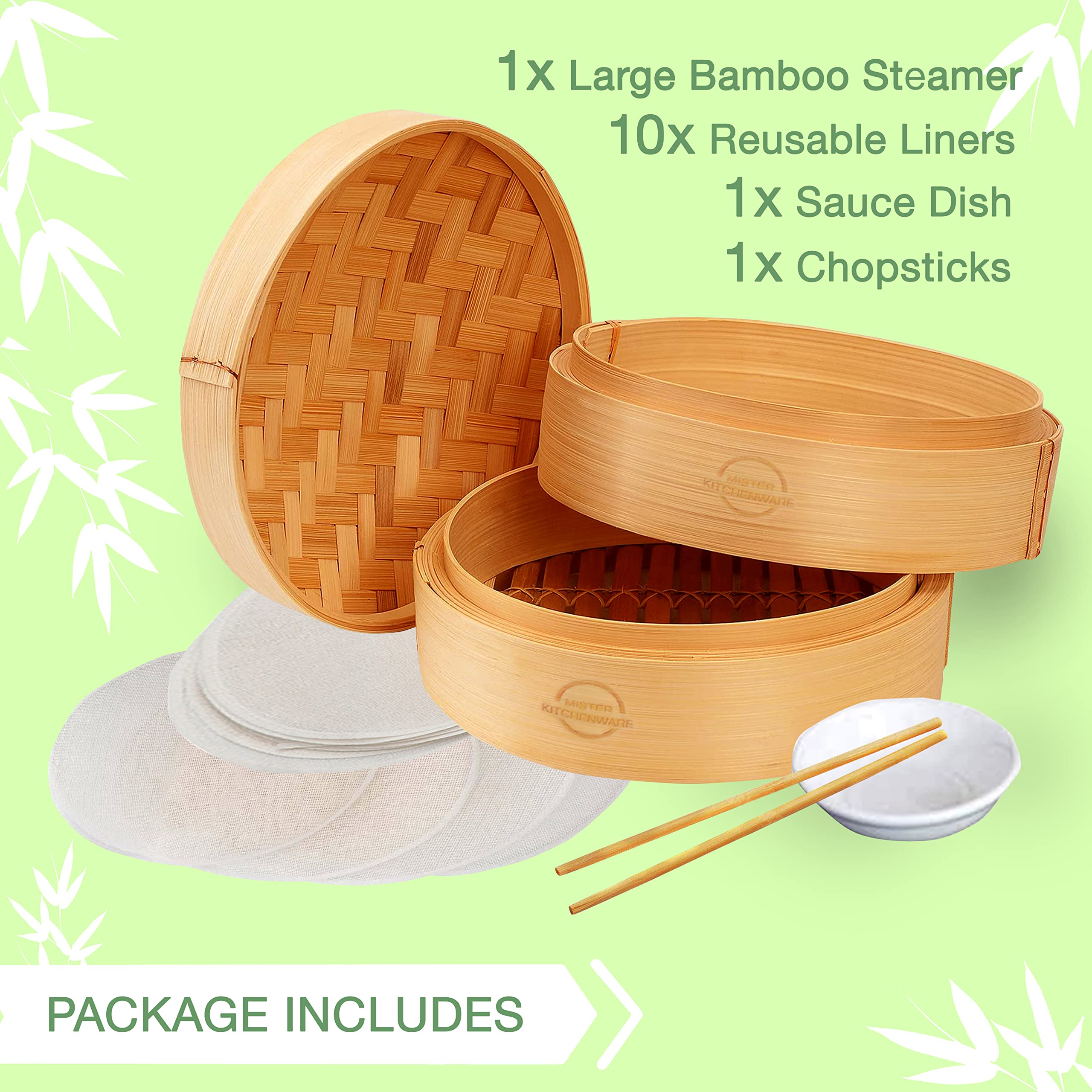 Mister Kitchenware 10 Inch Handmade Bamboo Steamer, 2 Tier Baskets, Healthy Cooking for Vegetables, Dim Sum Dumplings, Buns, Chicken Fish & Meat Included Chopsticks, 10 Liners & Sauce Dish