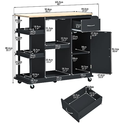 Kitchen Island Cart, Kitchen Carts on Wheels with Storage, Moveable Multipurpose Kitchen Island Cabinet with Shelves, Countertop, Wine Rack for Dining Room, Home, Bar, Black