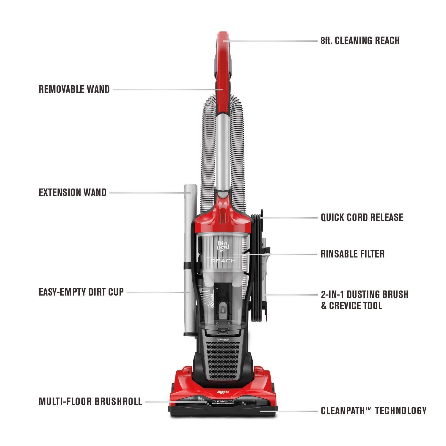 Dirt Devil Endura Reach Upright Vacuum Cleaner, with No Loss of Suction, UD20124, Red (Renewed)
