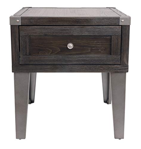 Signature Design by Ashley Todoe Industrial Square End Table with 1 Drawer, 2 Outlets and 2 USB Charging Ports, Dark Gray with Weathered Pine Finish