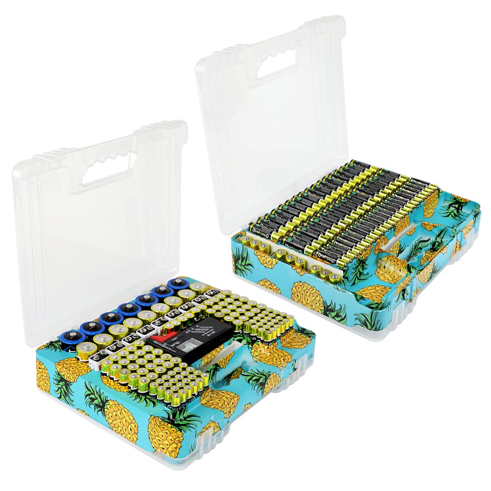 KF-Value Battery Organizer Storage Case with Tester, Waterproof Battery Storage Box, 230+ Battery Case Battery Holder for Household Batteries(2A 3A C D 9V Coin Cell),Pineapple