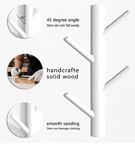 Liywall - 4 Hooks Hanging Pegs Modern Wall Mounted Coat and Hat Rack,Wood Hook Wall Decor Hanger for Bedroom and Bathroom,Heavy Duty Easy Assembly - 3 Pack White