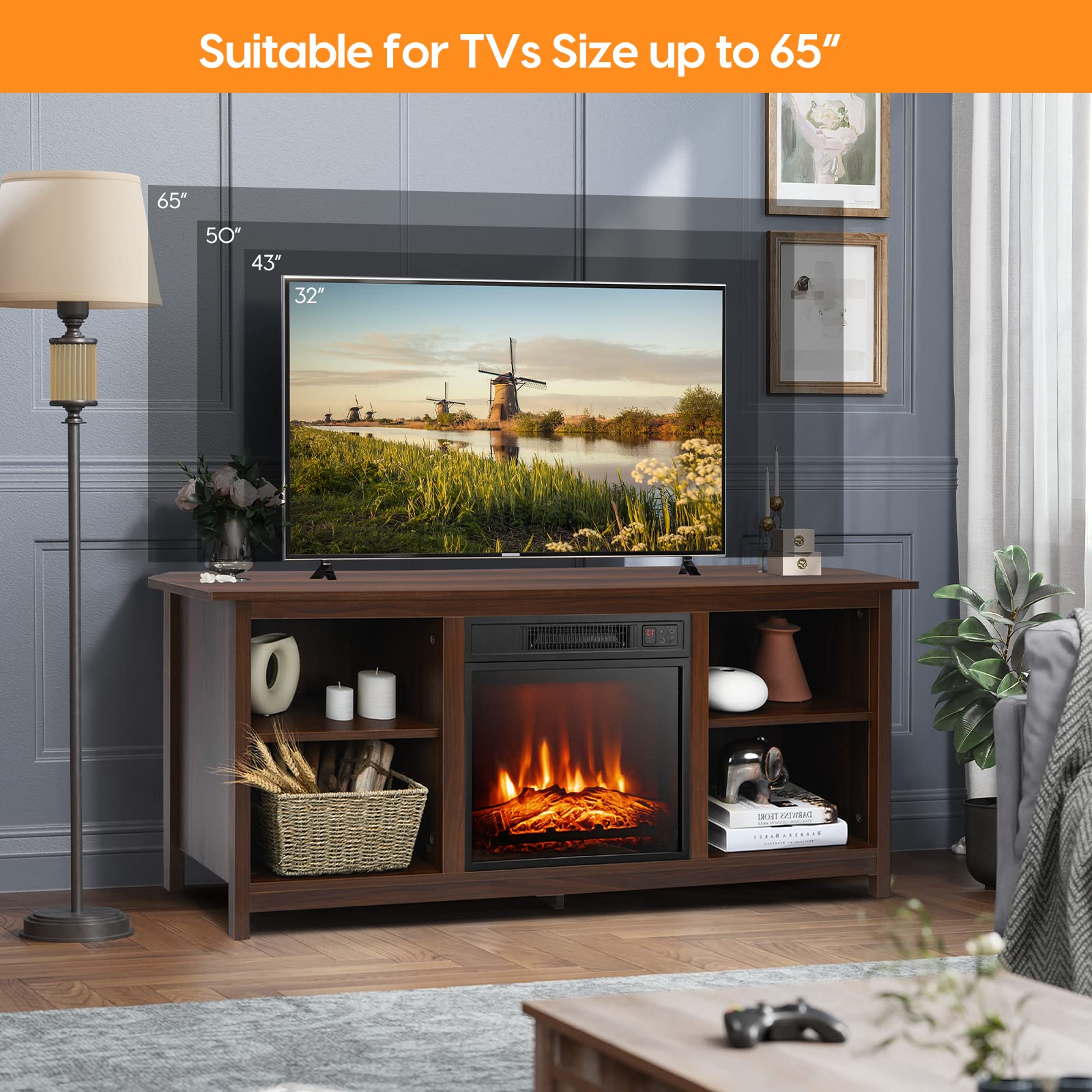 Electric Fireplace TV Stand for 65 Inch TV, 58 Inch Farmhouse Entertainment Center with 18" Fireplace, 6H Timer & Remote Control, 4 Storage Cabinet, Brown