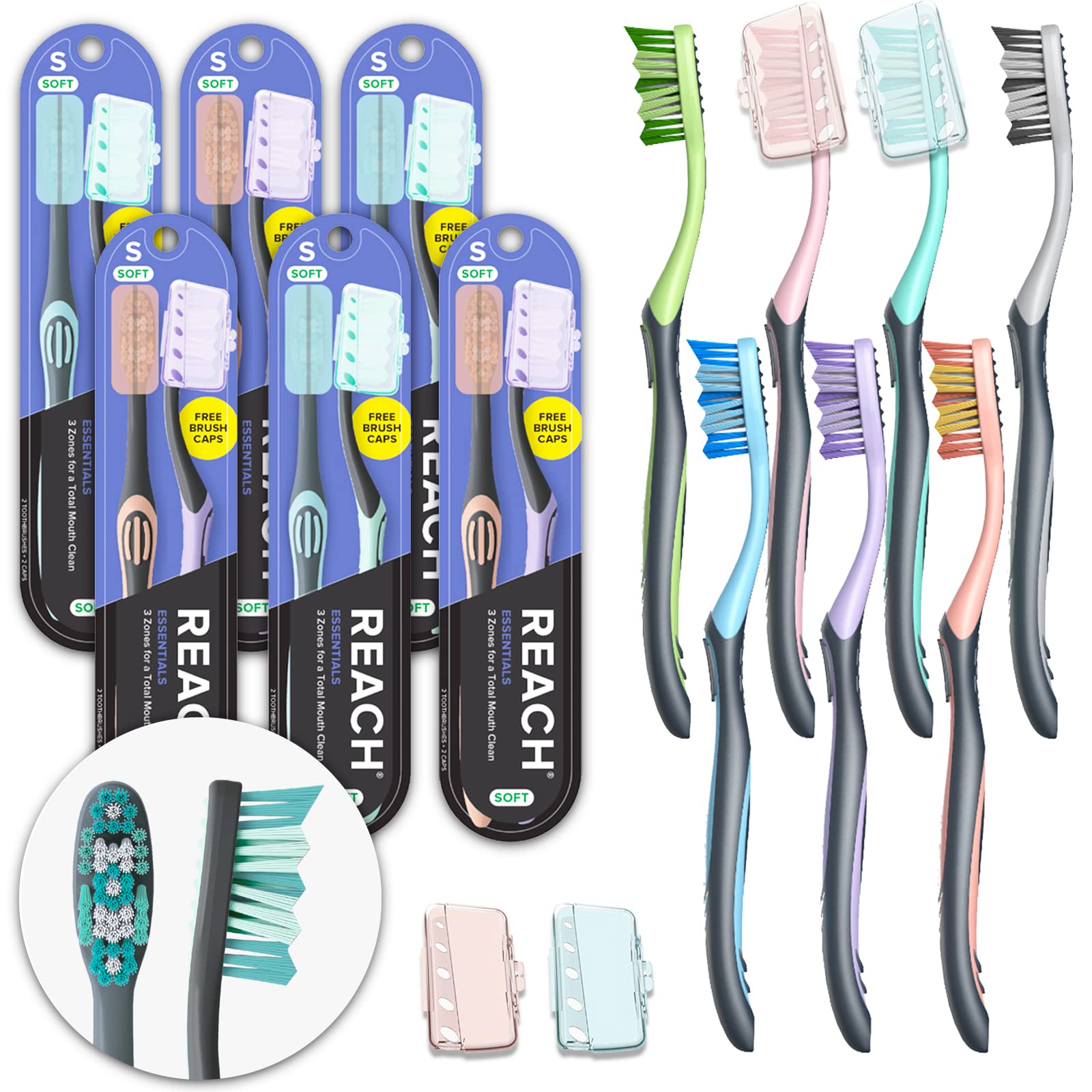 Graydon Hall Reach Toothbrushes Soft Set - 12 Count Reach Essentials Toothbrush Soft with 12 Brush Caps | Toothbrush Soft Bristle Adult Bulk