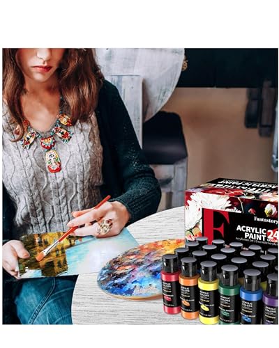 Fantastory Acrylic Paint Set, 24 Classic Colors(2oz/60ml), Professional Craft Paint, Art Supplies Kit for Adults Canvas/Fabric/Rock/Glass/Stone/Ceramic/Model/Wood Painting with 12 Brushes
