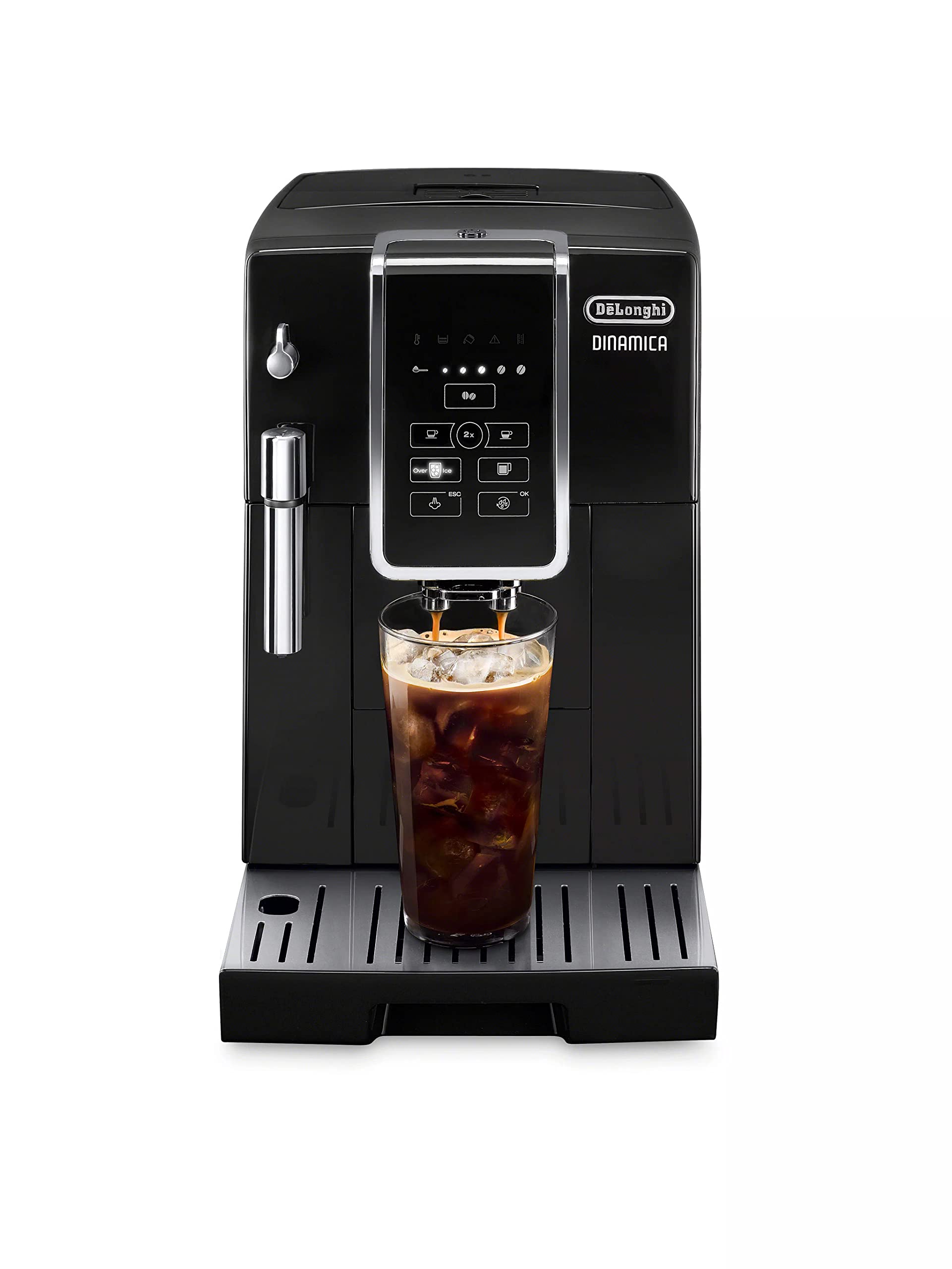 De'Longhi ECAM35020B Dinamica Automatic Coffee & Espresso Machine TrueBrew (Iced-Coffee), Black & DeLonghi Double Walled Thermo Espresso Glasses, Set of 2, Regular, Clear