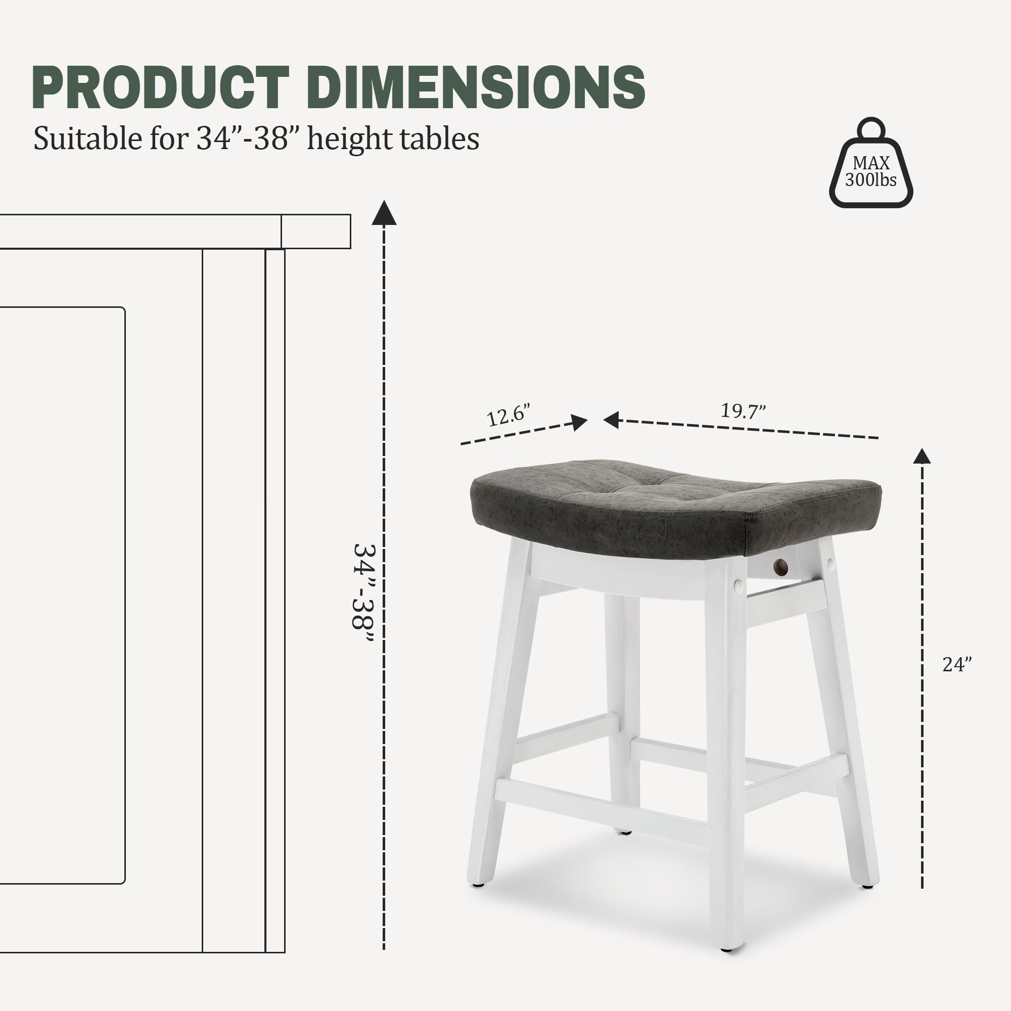 RNKSFX Counter Height Bar Stools Set of 2 for Kitchen Counter Modern Backless Barstools with Upholstered Faux Leather Seat and Solid Wood Legs Farmhouse 24 inch Bar Chairs, Grey + White