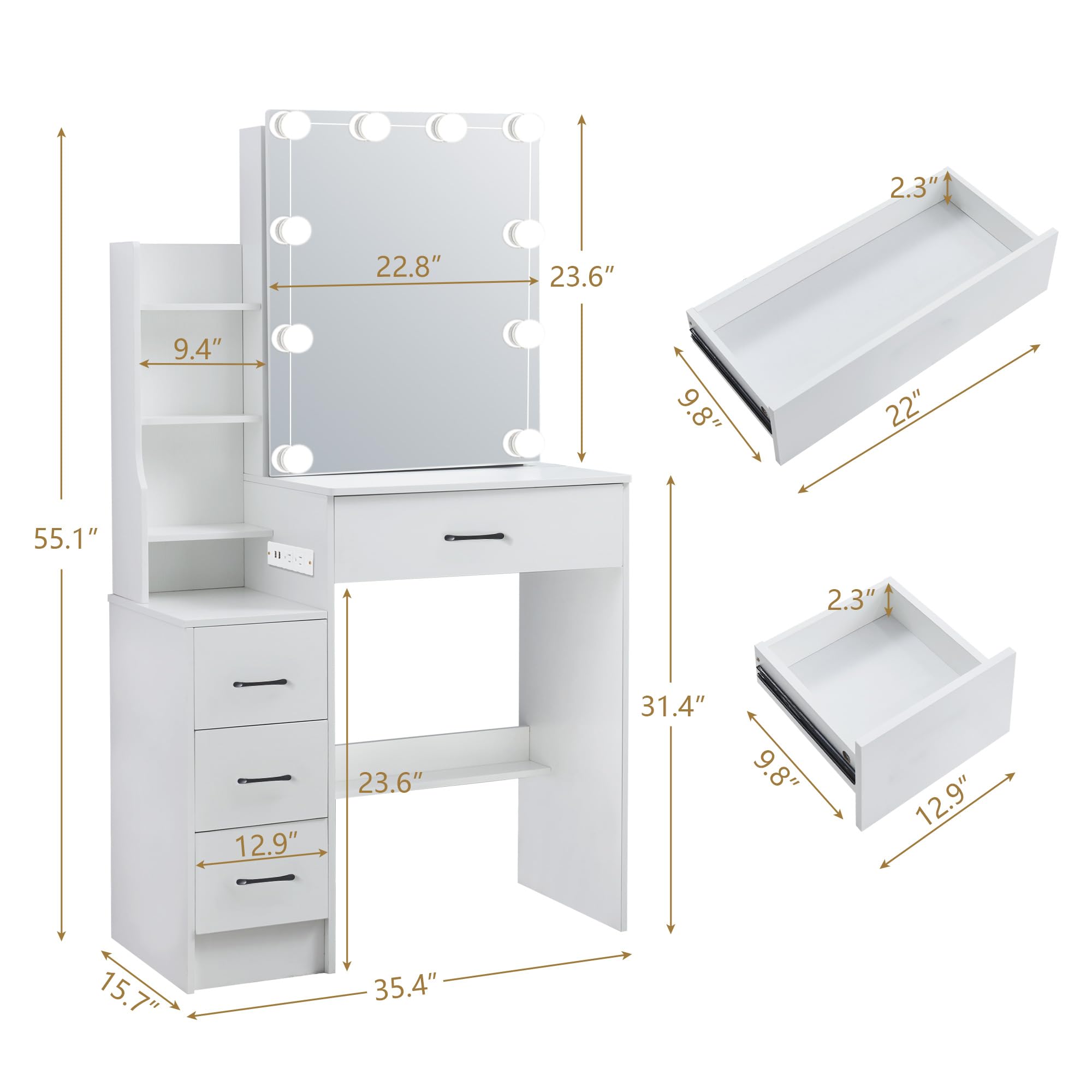 Dradaomull Makeup Vanity with Lights, Modern Vanity Desk with Chair, 4 Large Drawers Dresser with Sliding Mirror, 3 Lighting Modes and Brightness Adjustable for Bedroom White
