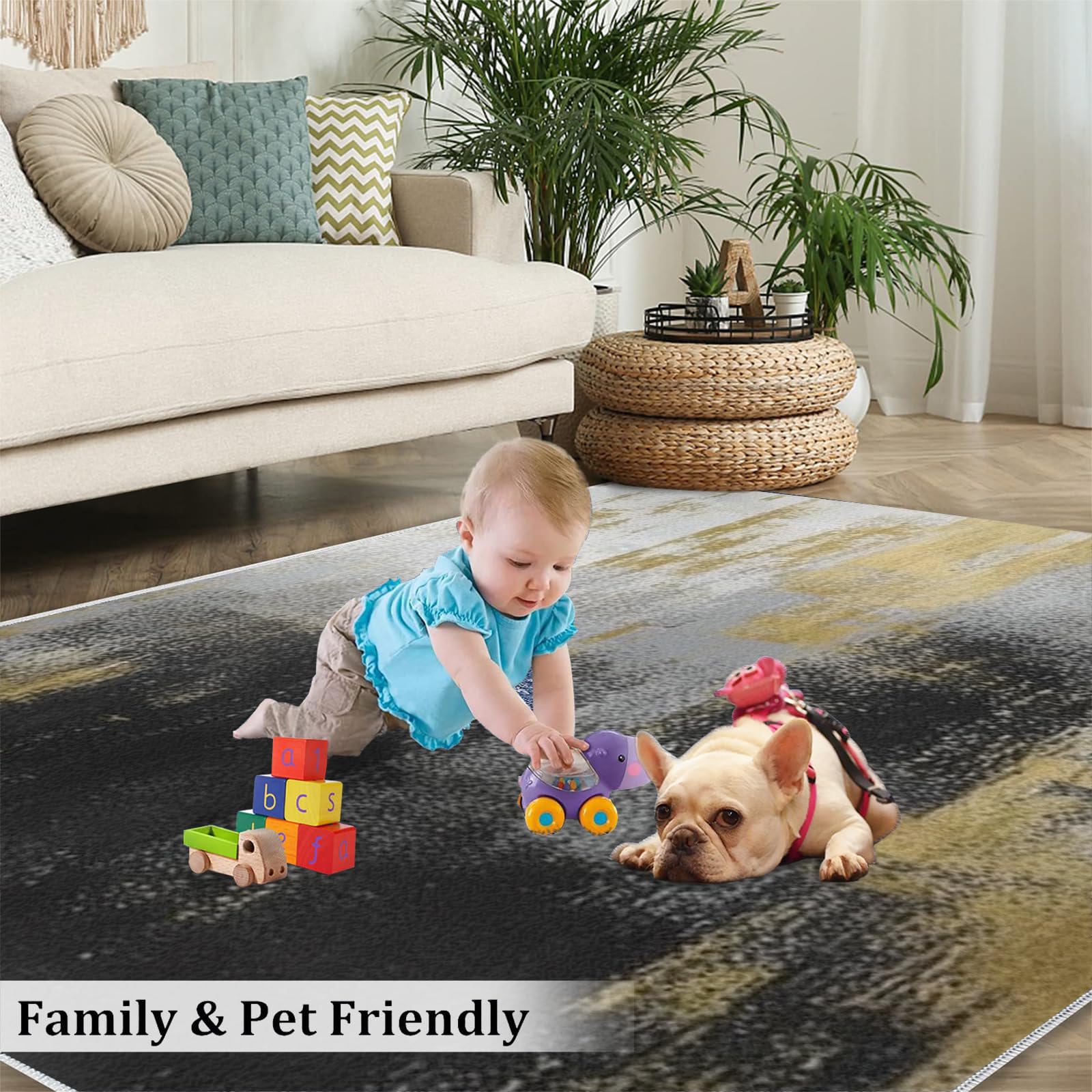 LEGENOB Washable Rugs 2x3 Retro Gold Leaf Pattern Black Area Rug ,Abstract Gradient Black Grey Rug for Living Room ,Anti-Slip Washable Rugs ,Apply to Bedroom Kitchen Dining Room Home Decoe