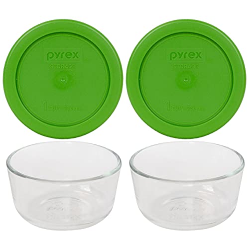 Pyrex (2) 7202 Glass Bowls & (2) Pyrex 7202-PC Lawn Green Lids Made in the USA
