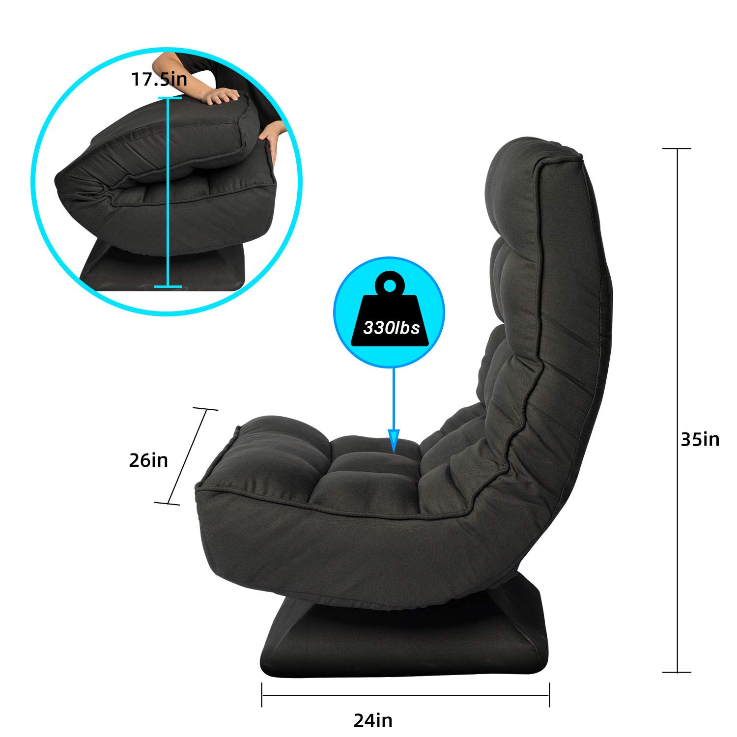 Folding Floor Gaming Chair 360-Degree Swivel Lazy Sofa Lounge Chairs with 4 Adjustable Positions Video Game for Home, Office, Games Room(Cool Black)