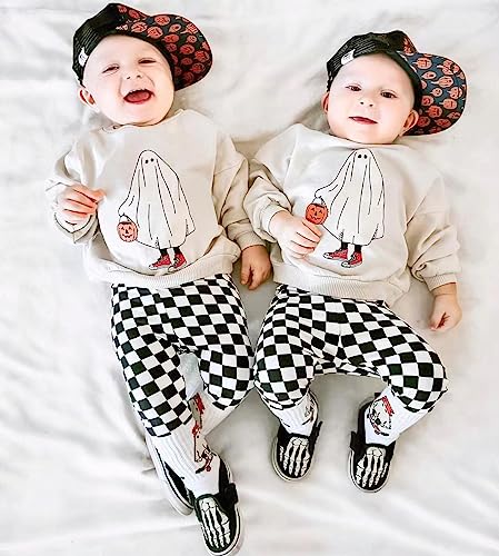 Lamuusaa Newborn Baby Boy Halloween Outfit Ghost Crewneck Sweatshirt Tops Checkerboard Pants Halloween Baby Clothes 0-3T