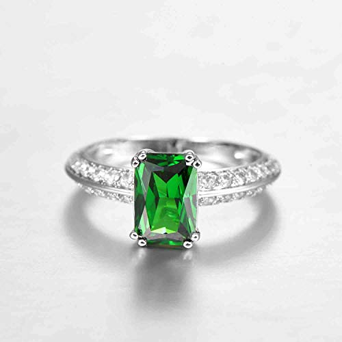 Empsoul 925 Sterling Silver Solitaire Ring Baguette Cut Green Emerald Quartz Wedding Engagement Ring for Women Size 7