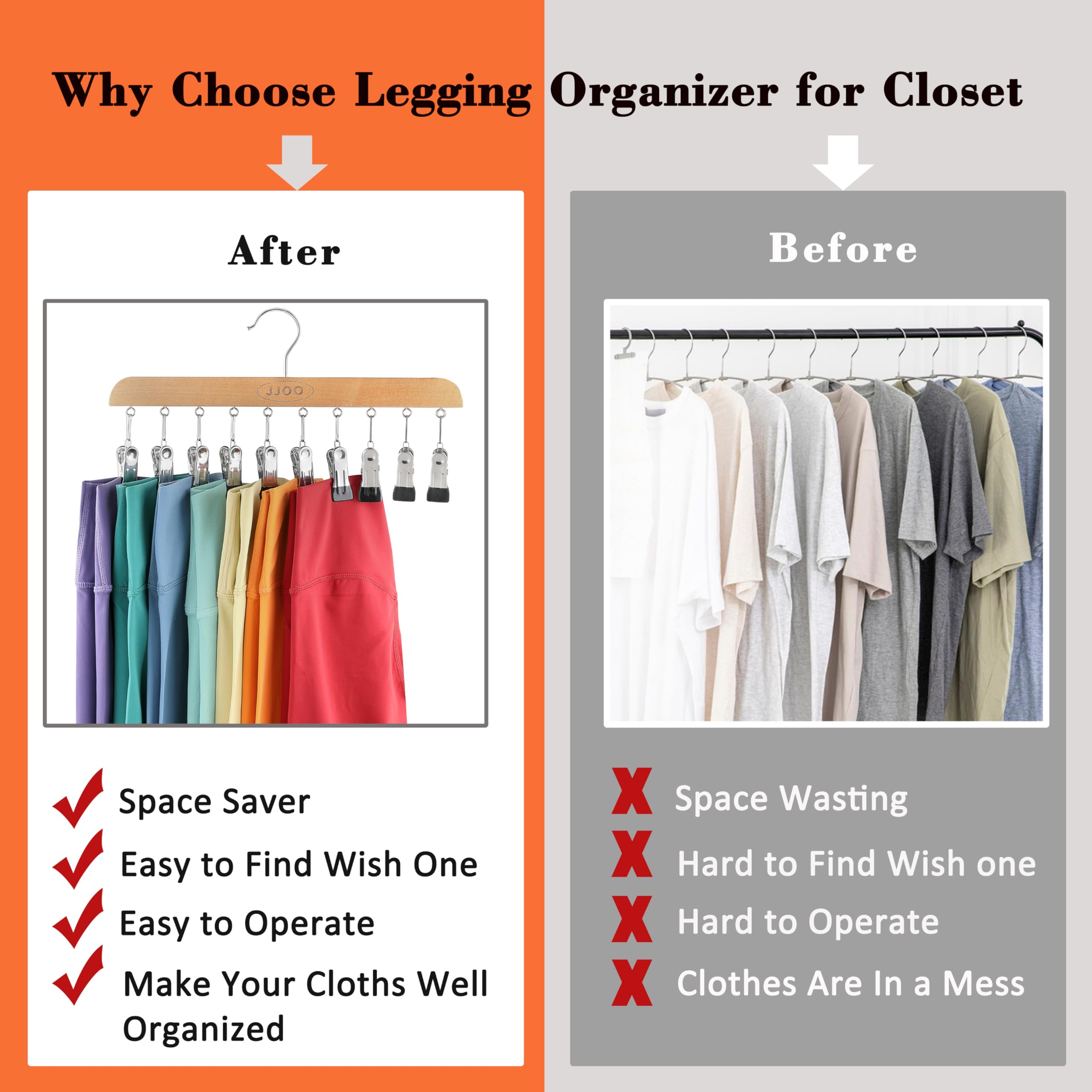Legging Organizer for Closet Hanging, Pants Hangers with Clips Holds Up to 10 Leggings, Space Saving & 360 Rotaing Desin, Great for Jeans, Hats, Shorts, Socks (1Pack)