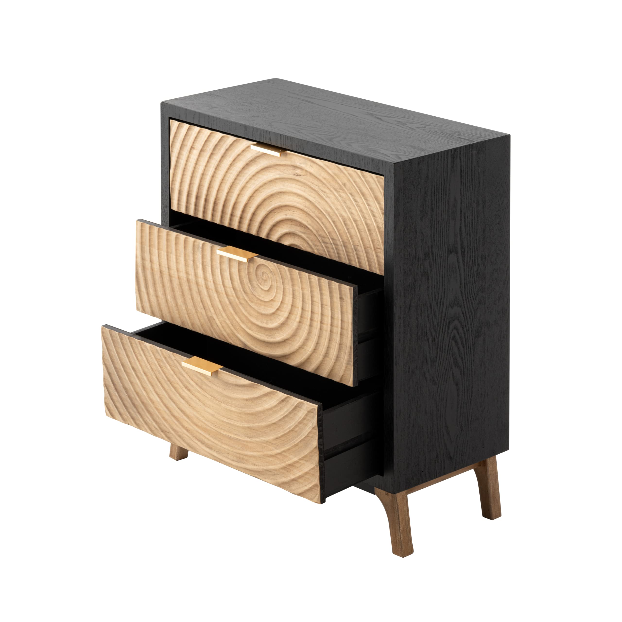 LONYKE 3-Drawer X 2P Farmhouse Dresser with Handcrafted Wood Ring Motif, Black Nightstand for Bedroom, Fully-Assembled, Morden Rustic