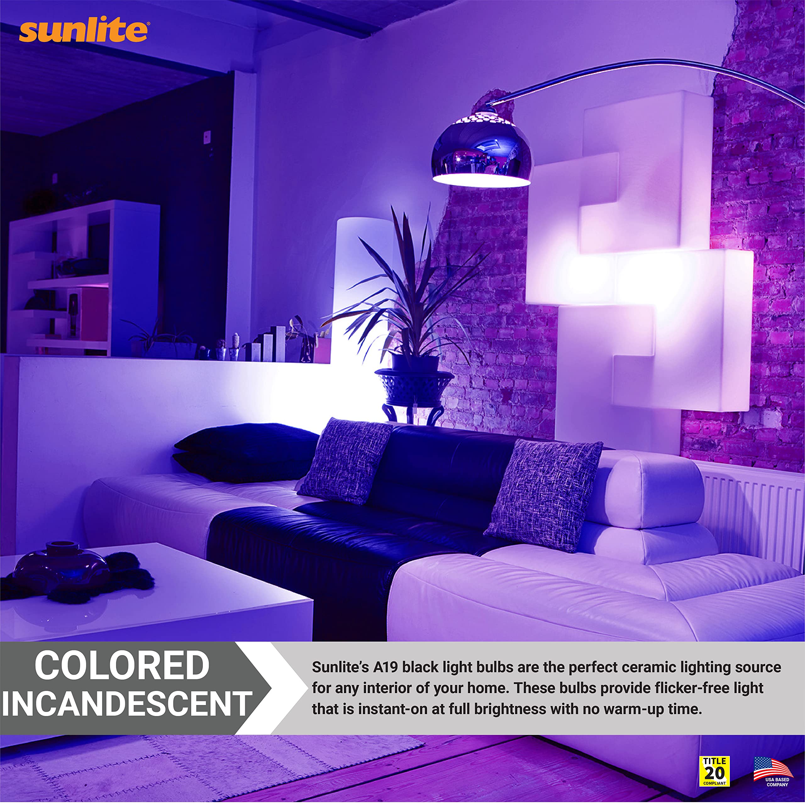 Sunlite 41744 Incandescent A19 Black Light Bulb, 75 Watts, E26 Medium Base, Dimmable, Party Decoration lamp, Holiday Lighting, Household Lighting, Mercury Free, Black, 12 Count