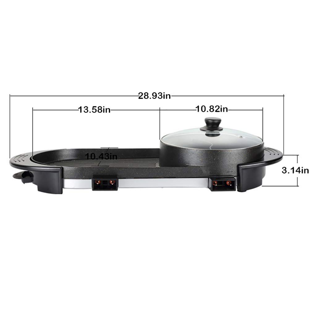 Electric Grill Hot Pot 2 in 1, Indoor Smokeless Grill Teppanyaki Grill w/ Non Stick Pan Shabu Shabu with Black
