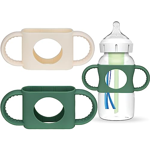 Wide Neck Bottle Handles for Dr Brown, 2 Pack Baby Bottle Holder 100% Silicone, BPA Free, Dishwasher Safe, Baby Grasp Teaching, Hands Free Feeding, White and Green