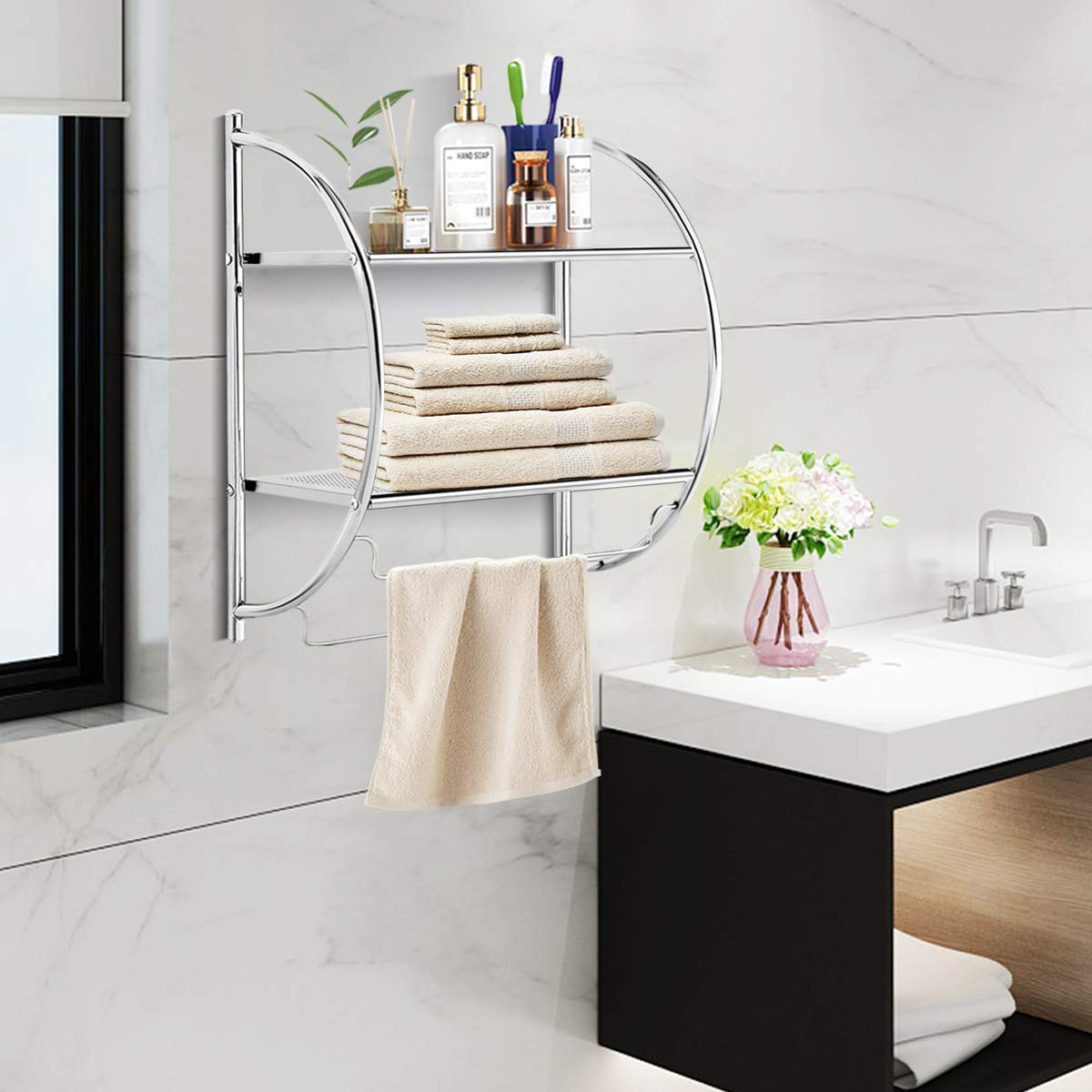 ReunionG 2-Tier Bathroom Shelf with Towel Rails, Wall Mounted Towel Shelf with Space-Saving Design, Multifunctional Chrome Bathroom Storage Shelf for Bathroom Laundry Room Kitchen, Easy Assembly