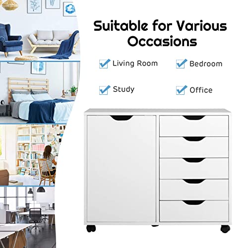 Giantex Drawers Cabinet Mobile Lateral Filing Organizer with 5 Drawers,1 Side Cabinet and Wheels Mobile Chest for Home Office Storage Use Dresser (31βx 15.5β x 25.5β, White)