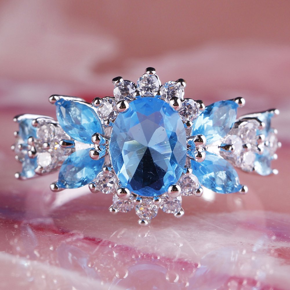 Emsione 925 Sterling Silver Plated Created Blue Topaz Cluster Flower Cocktail Women Band Ring Size 7