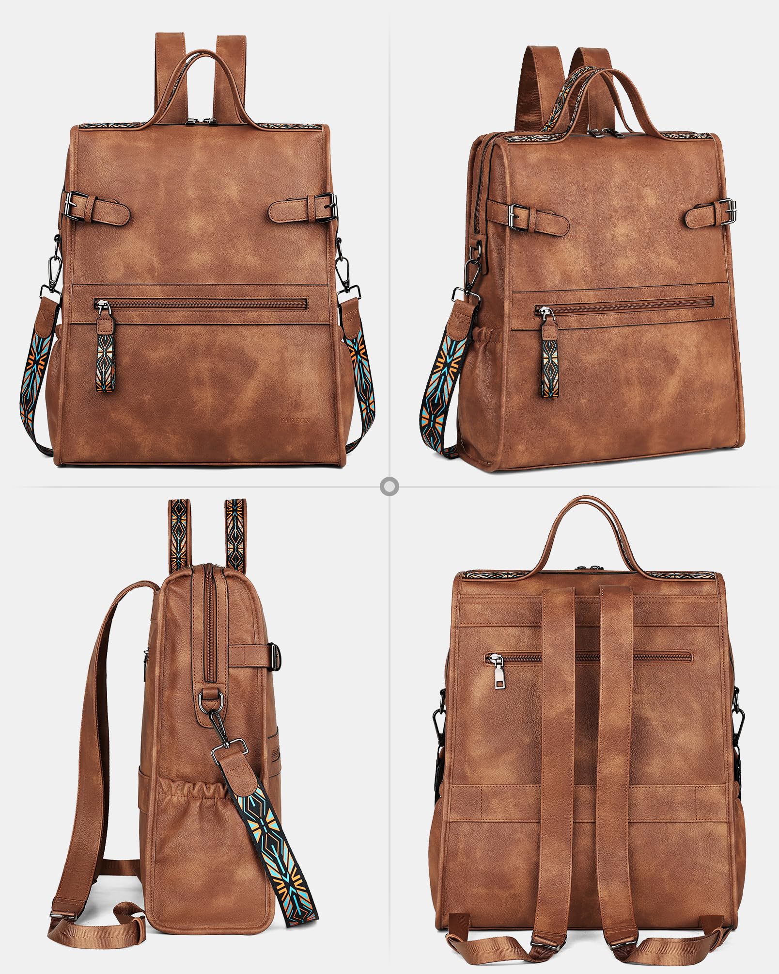 FADEON Leather Laptop Backpack for Women, Designer Ladies Work Travel Computer Backpack with Laptop Compartment Purse Brown