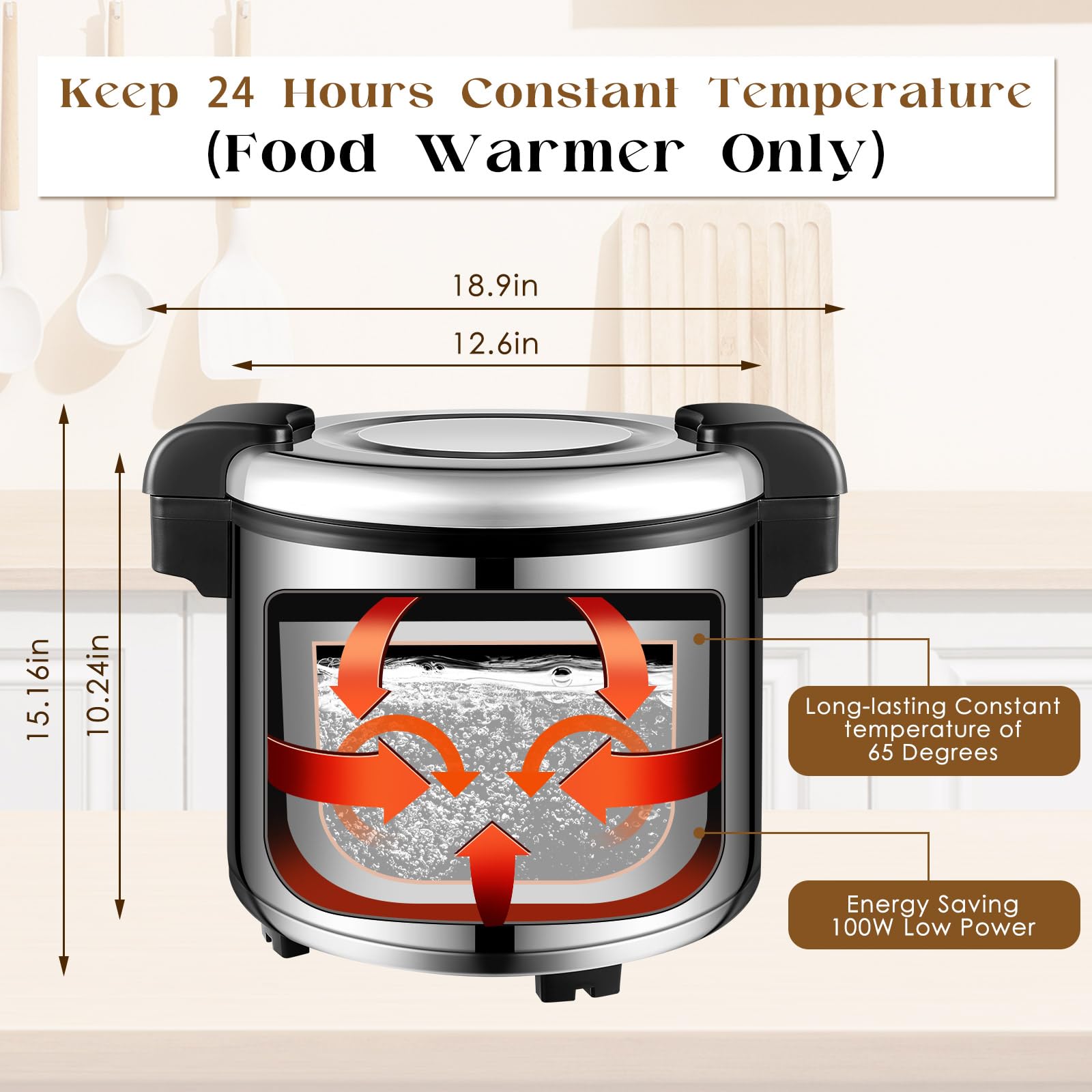 SiliFine Commercial Stainless Steel Electric Rice Warmer Food Warm with Rice Spoon Heavy Duty Rice Warmer with Warm Function Only for Restaurant Party (100 Cups Cooked Rice,100W)