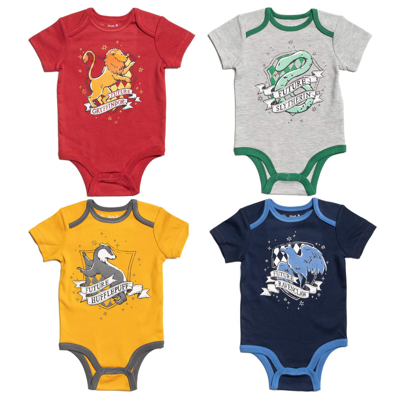 Harry Potter Gryffindor Slytherin Ravenclaw Infant Baby Boys 4 Pack Bodysuits Red/Gray/Yellow/Blue 18 Months