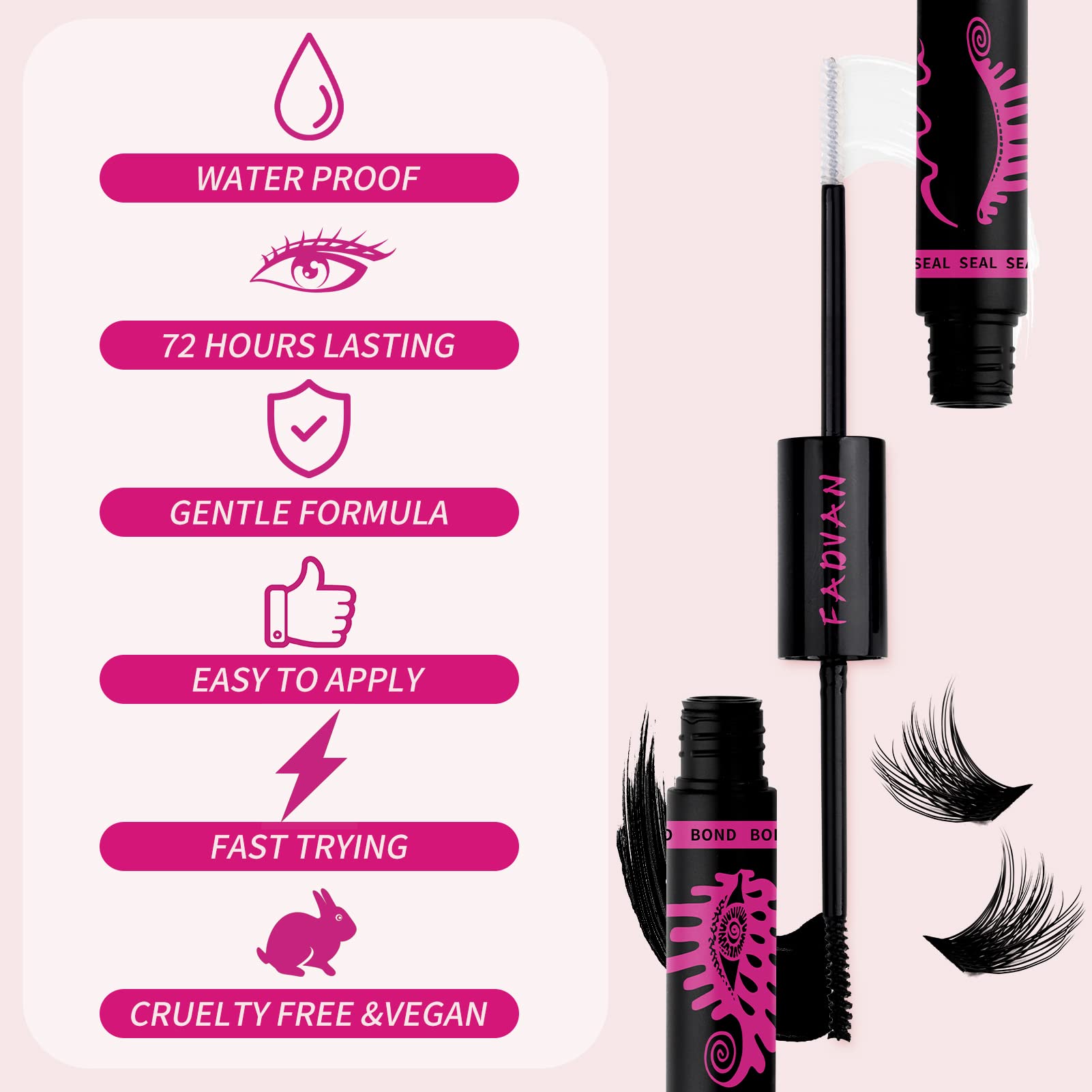 FADVAN Lash Bond and Seal Cluster Lashes Glue for Lash Clusters Individual Lashes Bond and Seal for 48-72 Hours Strong Gentle Latex Free Lash Adhesive for Sensitive Eyes (10ml)