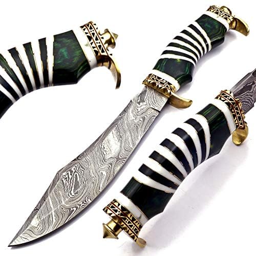 Skokie Knives Custom Hand Made Damascus Steel Hunting Knife Handle Camel Bone (Green)