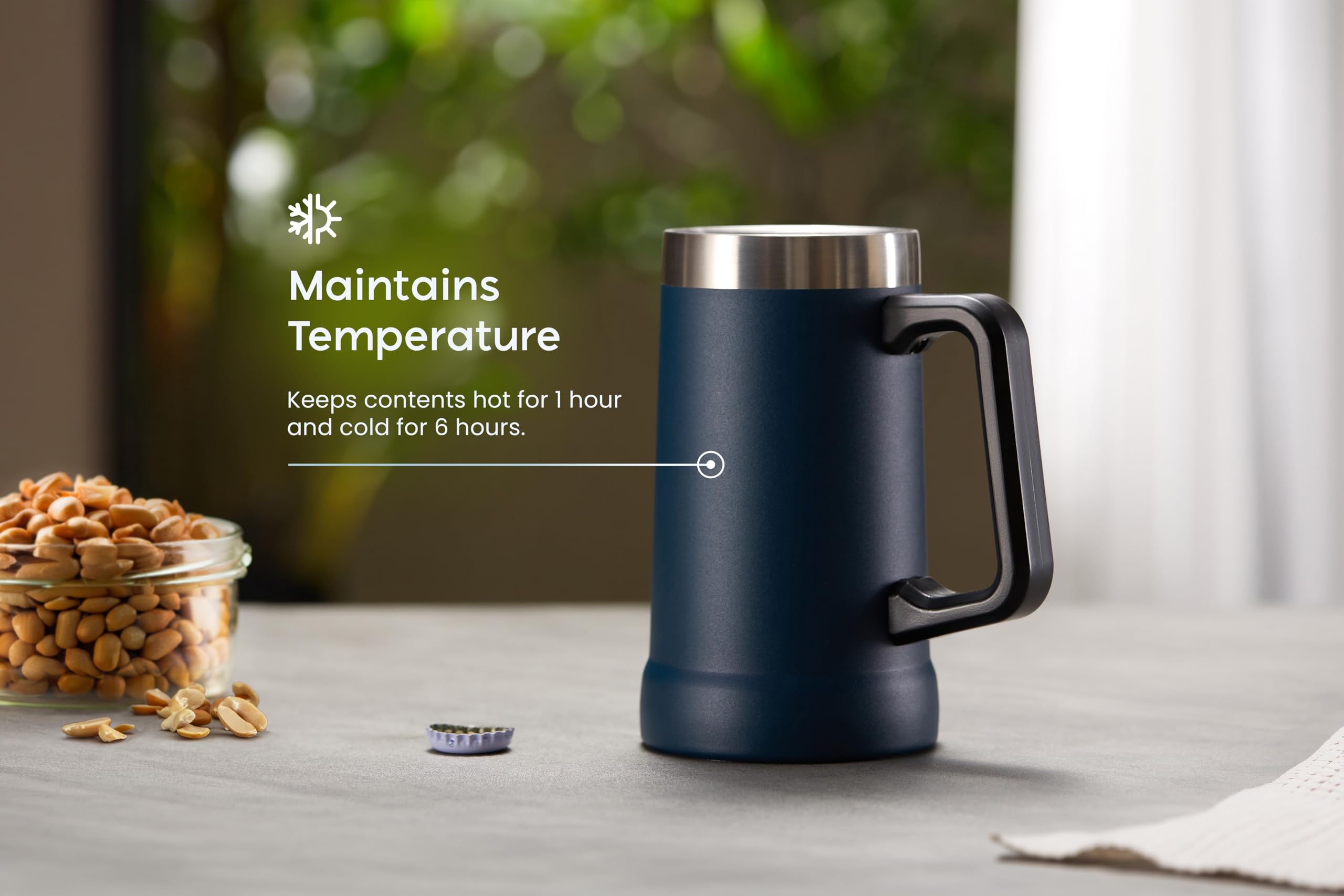 KooK Beer Stein, Stainless Steel Coffee Mug, Tumbler with Thermal Vacuum Insulation, Big Grip, Adventure, Double Walled Drinking Cup, Large Handle, Shatterproof, Navy Blue, 24 oz