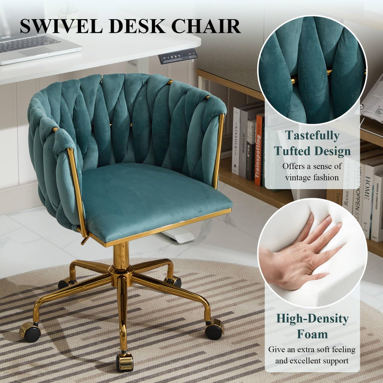 NIOIIKIT Office Chair, Adjustable Swivel Desk Chair with Woven Back, Velvet Upholstered Computer Chair with Wheels, Modern Makeup Chair for Office,Living Room