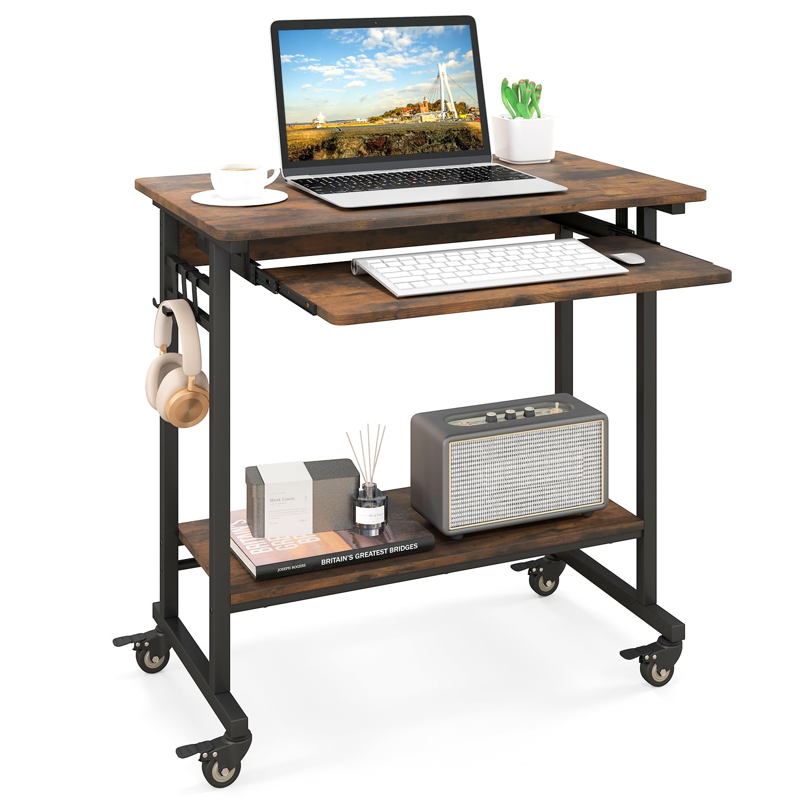 Giantex Rolling Computer Desk, Mobile Desk with Keyboard Tray, Portable Laptop PC Desk Cart with Shelf & Hooks, Small Desk with Wheels for Small Spaces, Bedroom, Apartment, Home Office Desk