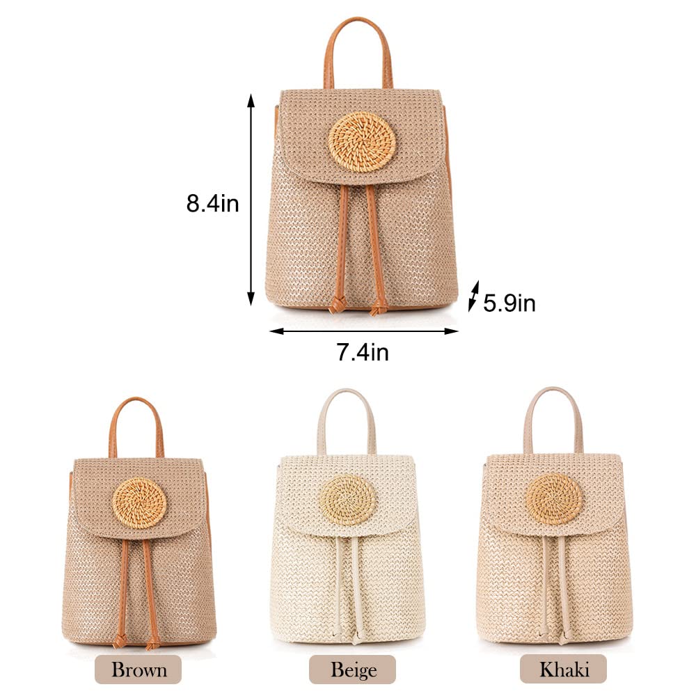 Gogobear Womens Small Straw Backpack Rattan Bags Summer Handmade Casual Shoulder Bag with Flap Drawstring (Beige)