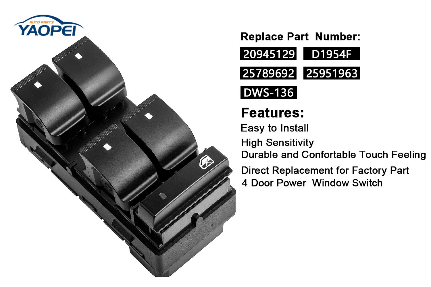 Driver Side Master Power Window Switch for 2007-2013 Chevrolet Chevy Silverado GMC Sierra Traverse HHR 1500 2500HD 3500HD Yukon Buick 25789692 20945129 D1954F129 D1954F