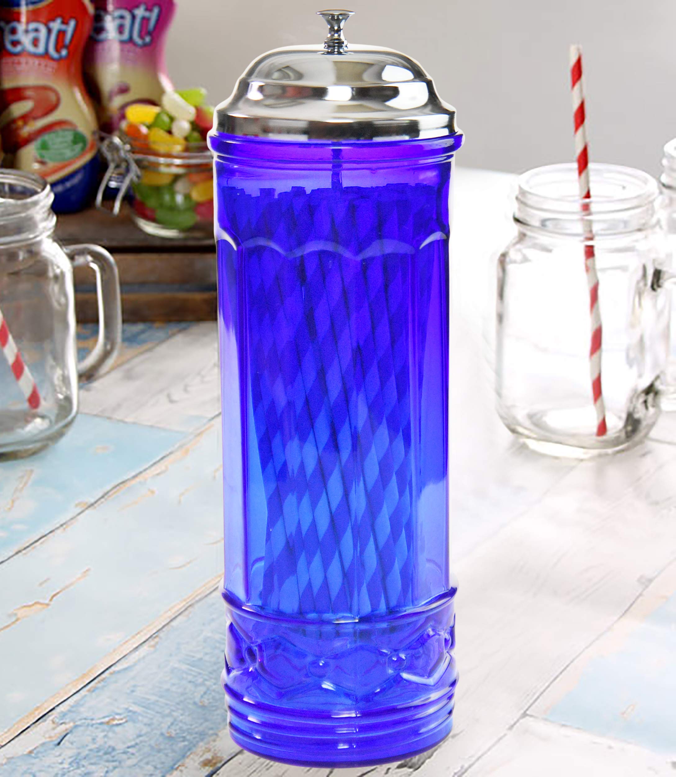 HOME-X Cobalt Blue Glass Straw Dispenser, Straw Holder, Vintage Home Kitchen Accessories, Pop Up Stra Lid Dispenser, Depression Style
